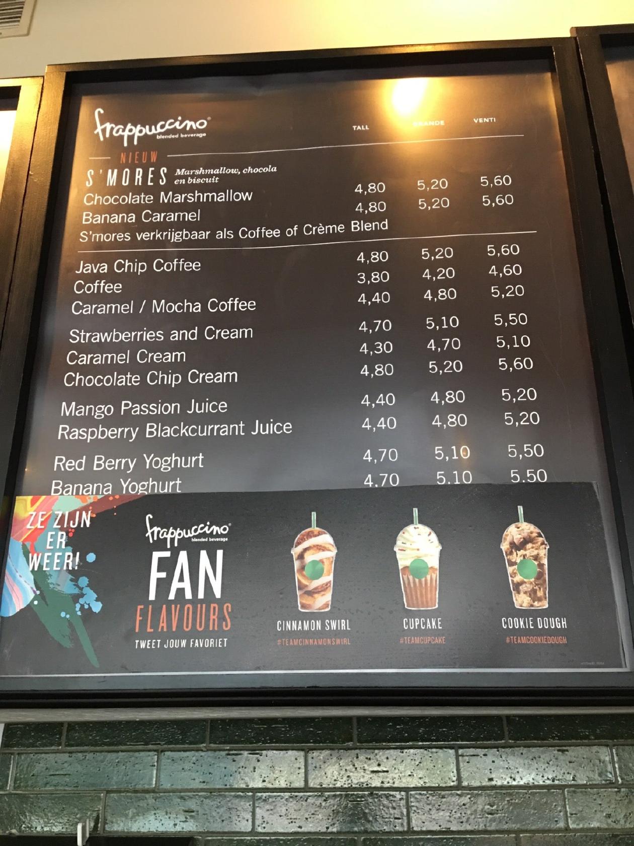 Menu at Starbucks, Amsterdam, Johan Cruijff Boulevard 618
