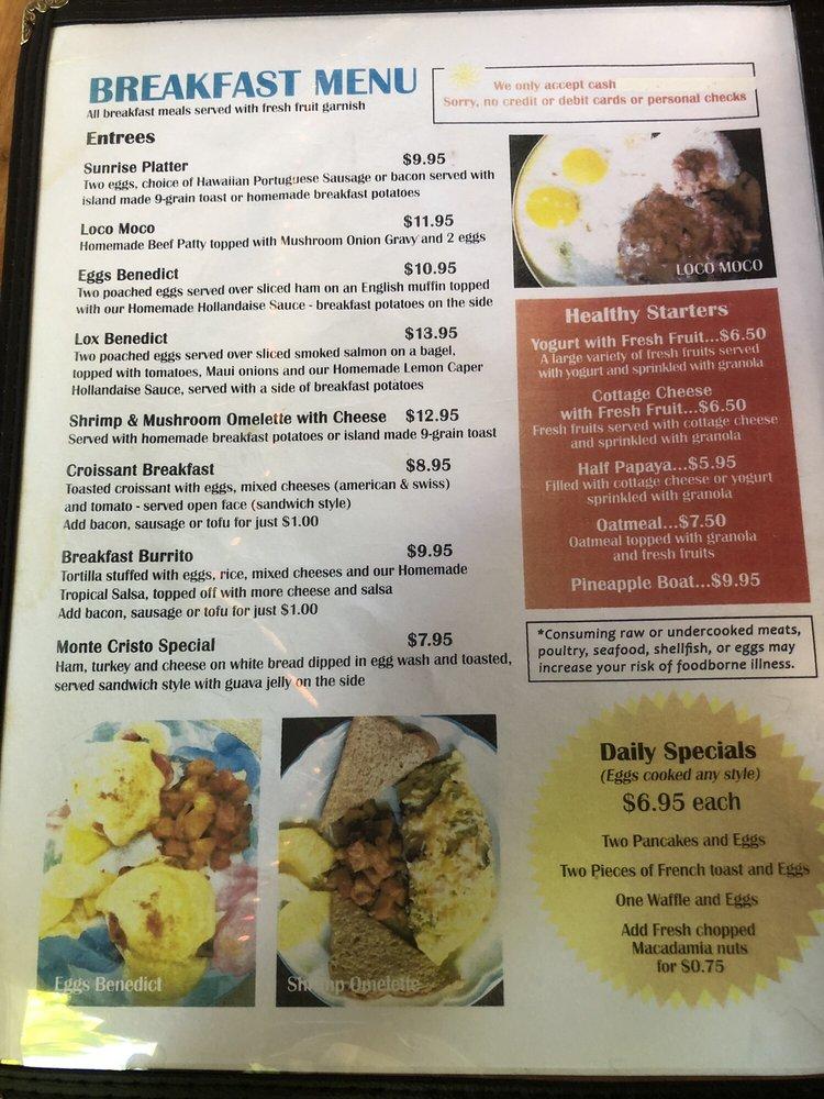 Menu at Sunrise Cafe, Lahaina