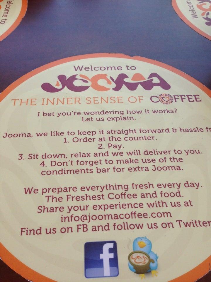 Menu at Jooma Coffee. cafe, Kloof