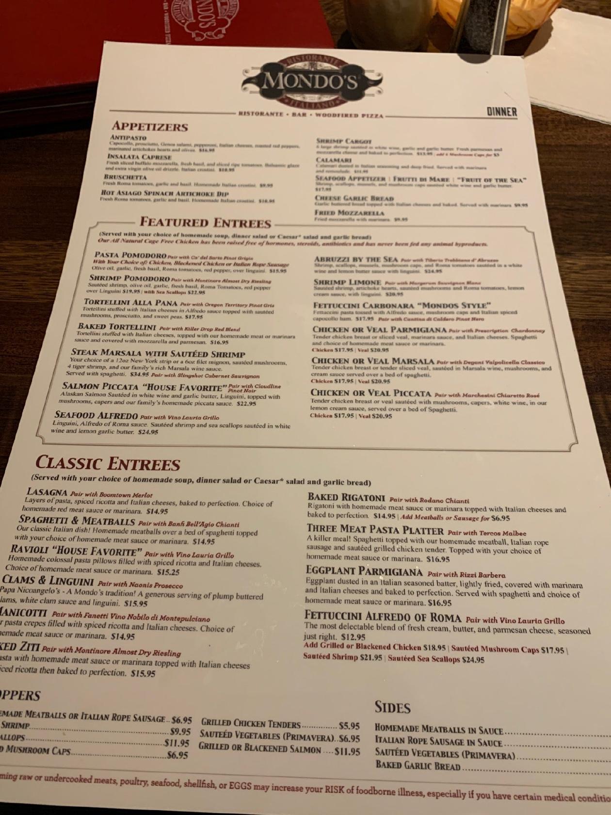 Menu at Mondo's Ristorante Italian restaurant, Tulsa