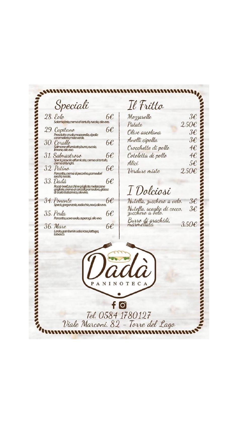 Menu at Paninoteca Dadà, Torre del Lago