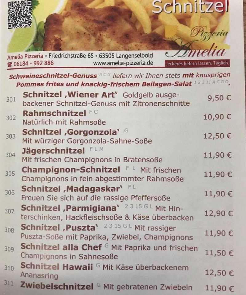 Speisekarte von Pizzeria Amelia, Langenselbold