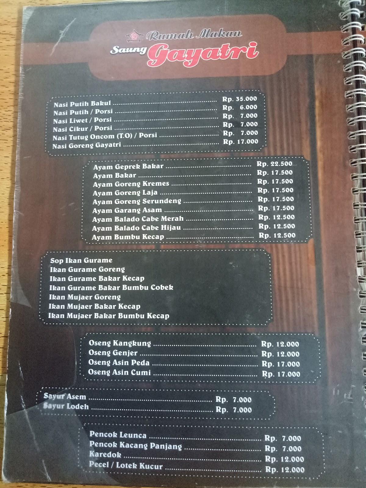 Menu at RM Saung Gayatri Cikoneng restaurant, Ciamis