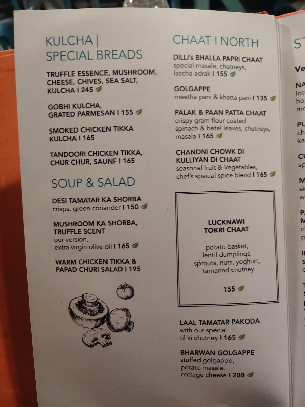 Menu at Tamak, Mumbai