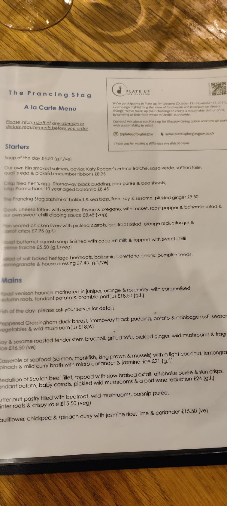 Menu at The Prancing Stag restaurant, Glasgow