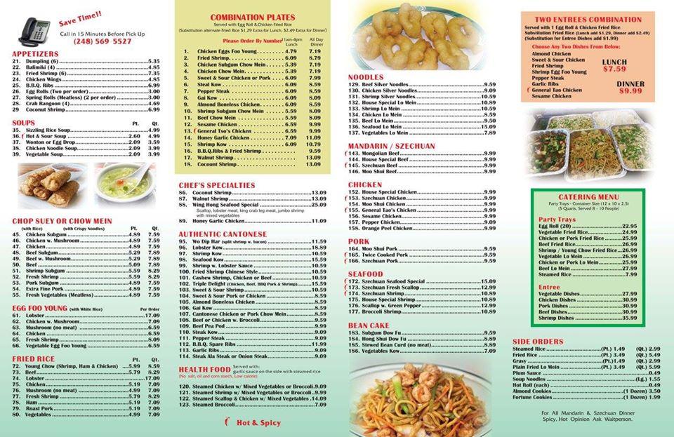 Menu at Wing Hong Restaurant, Southfield