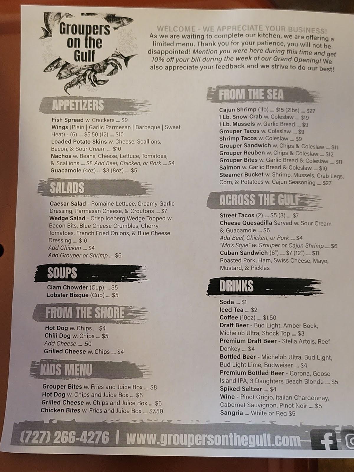 Menu at Groupers on the Gulf restaurant, Indian Rocks Beach