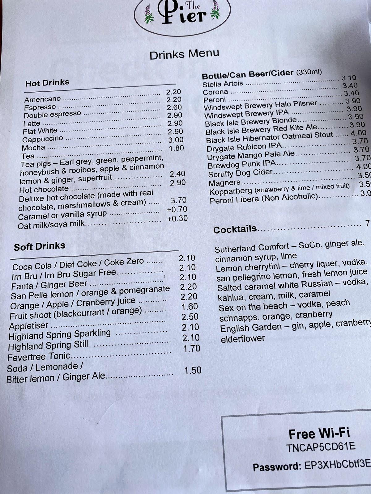 Menu at The Pier cafe, Lairg