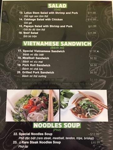 Menu at V.Nam Pho restaurant, Surprise