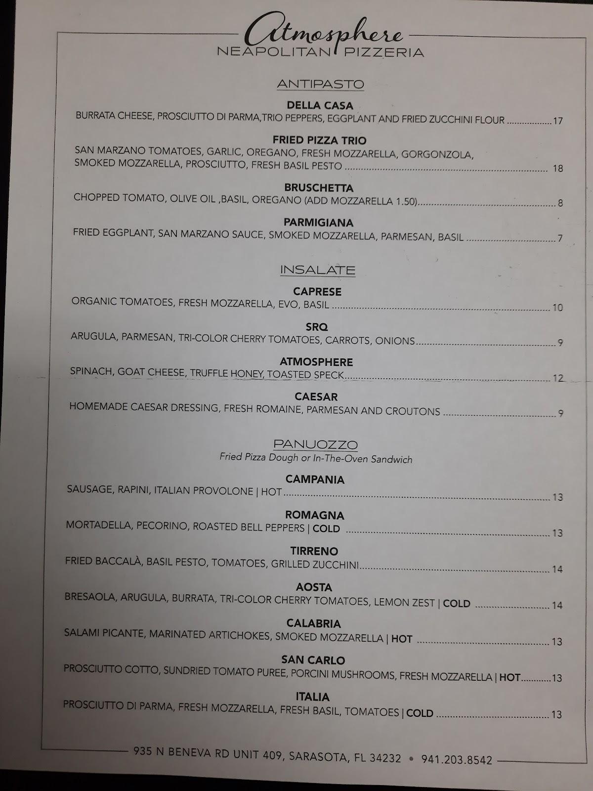 Menu at Atmosphere restaurant, Sarasota, 935 N Beneva Rd unit 409