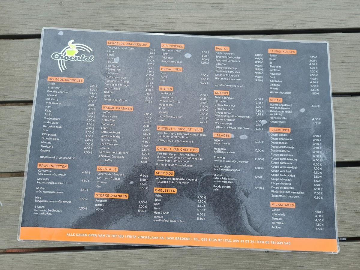Menu at Chocolat, Bredene