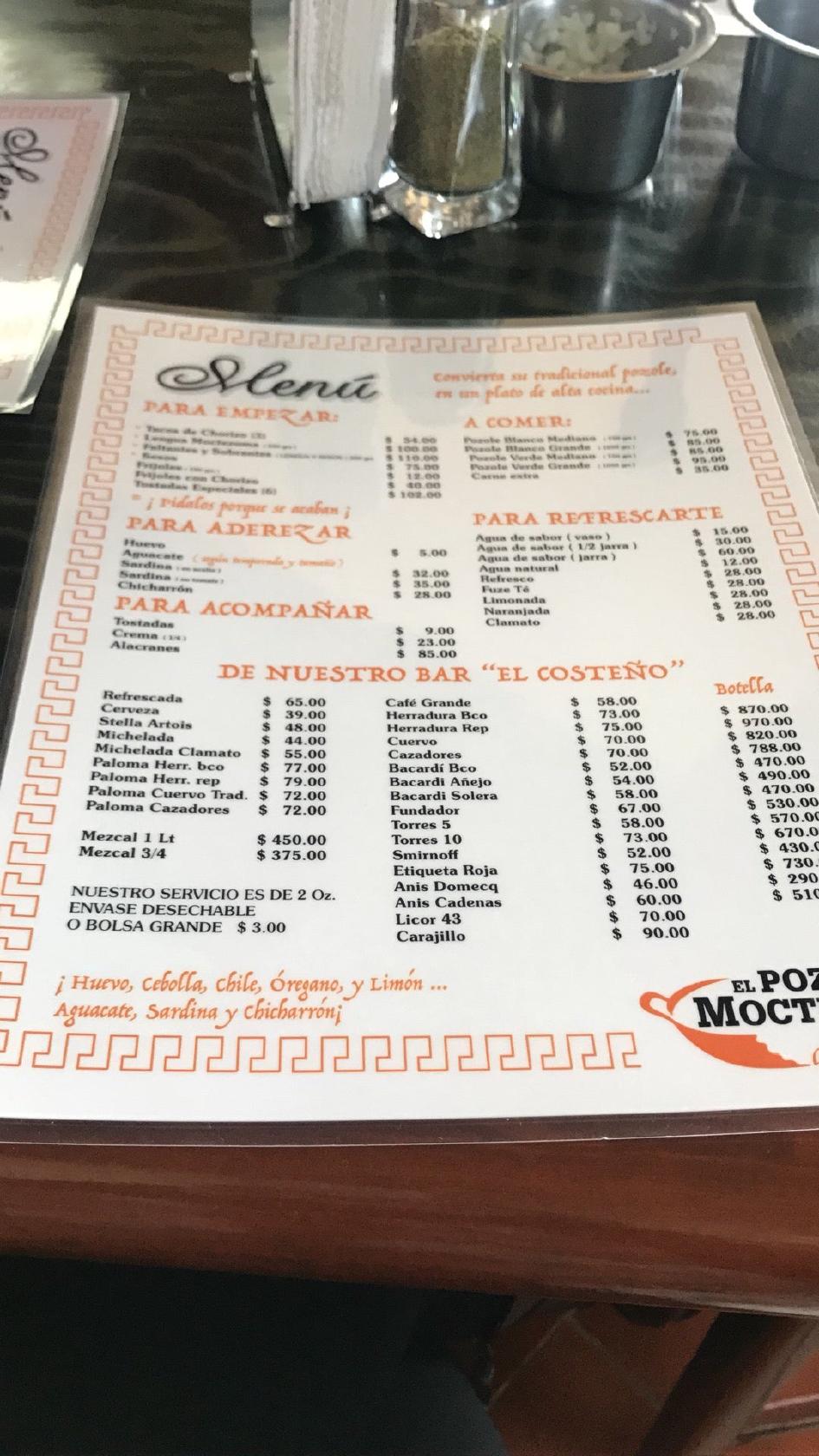 Carta del restaurante El Pozole del Moctezuma, Ciudad del México