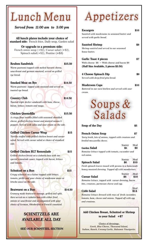 Menu at Granary Schnitzel House Restaurant, Eganville