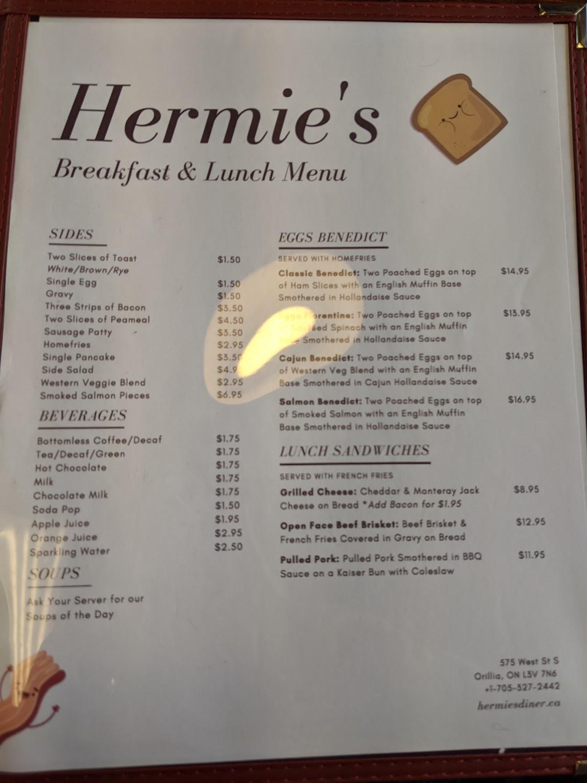 Menu at Hermie’s Diner restaurant, Orillia