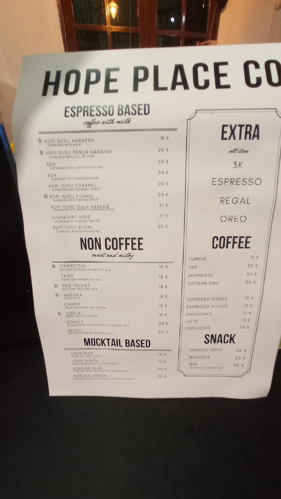 Menu at Hope place co. cafe, Mentawa Baru Hilir