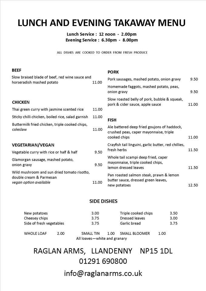 Menu at Raglan Arms pub & bar, Llandenny, Main Street