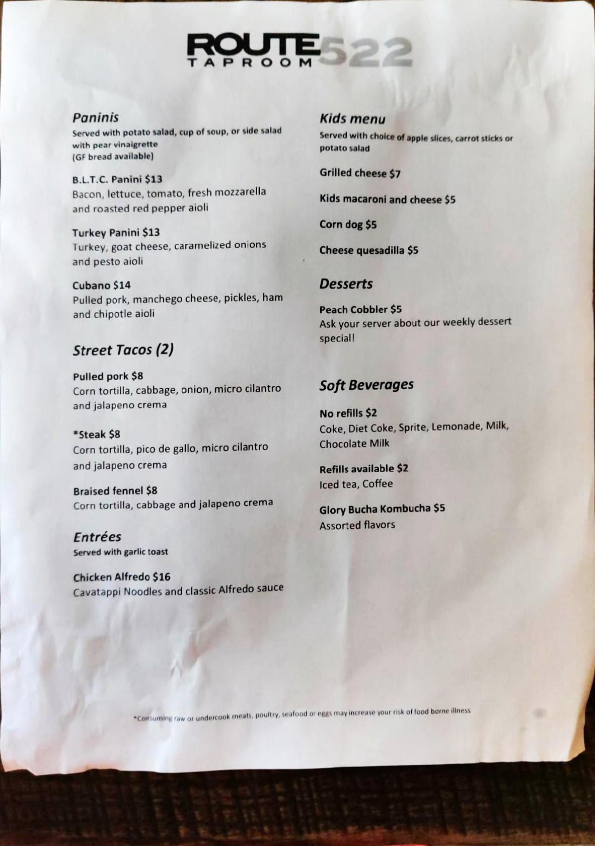 Menu at Route 522 Taproom "The 522" pub & bar, Woodinville