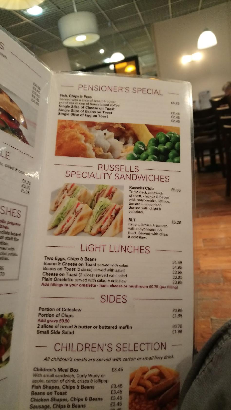 Menu at Russells cafe, Rochdale