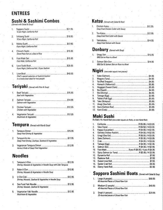 Menu at Sapporo Ichibang restaurant, Sudbury