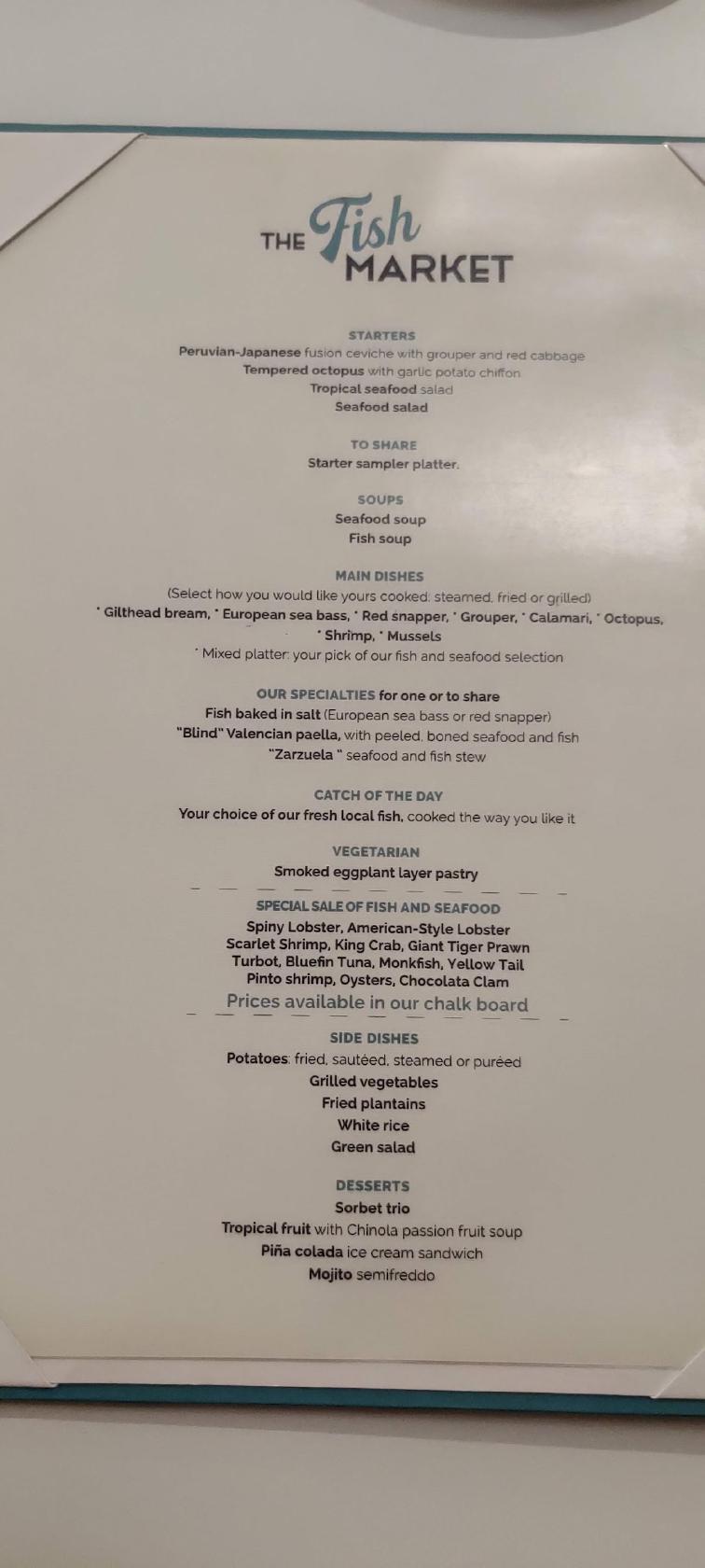 Menu at The Fish Market restaurant, Punta Cana