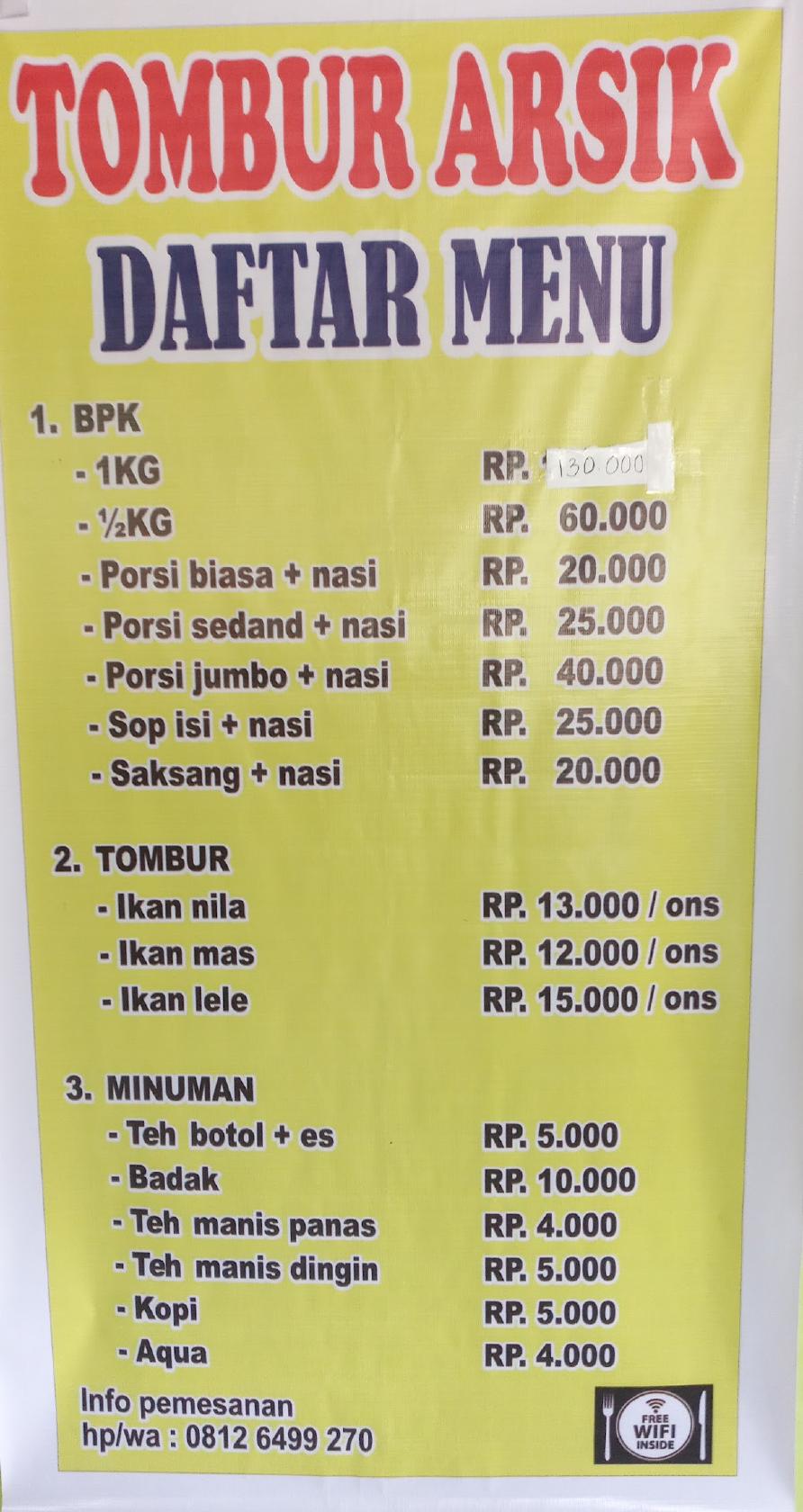 Menu at Tombur arsik restaurant, Tanjungpura