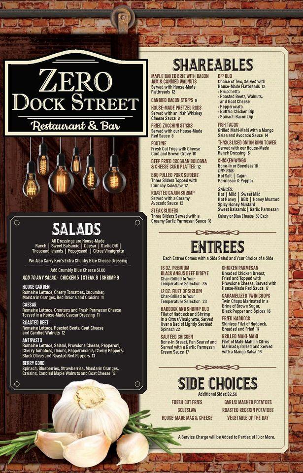 Menu at Zero Dock Street Restaurant & Bar, Carthage