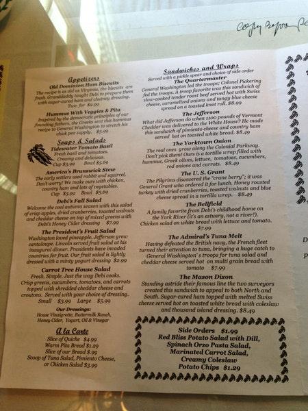 Menu at Carrot Tree Kitchens restaurant, Yorktown, 411 Main St