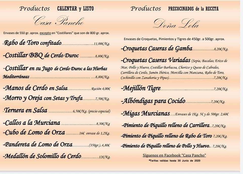 Carta de Restaurante Casa Pancho, Sangonera la Seca
