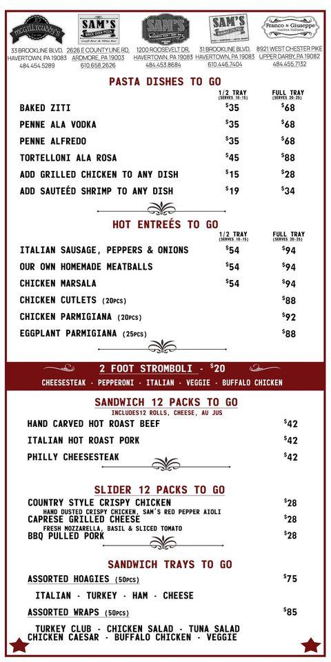 Menu at JD McGillicuddy's pub & bar, Havertown, 33 Brookline Blvd