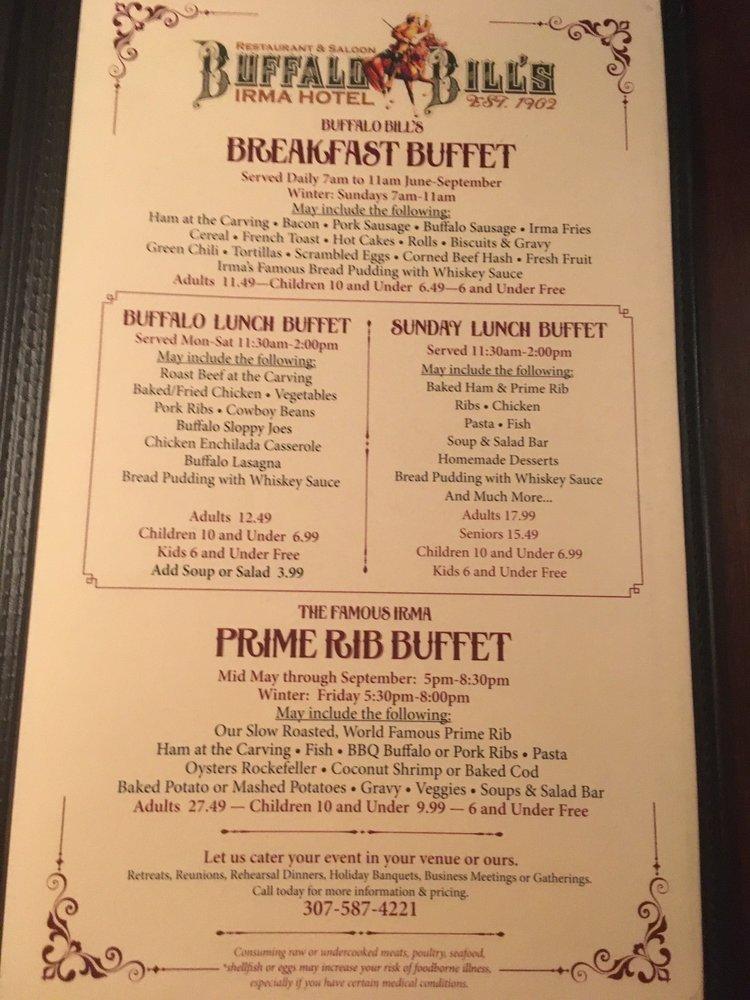 Menu at Buffalo Bill's Irma Hotel & Restaurant, Cody