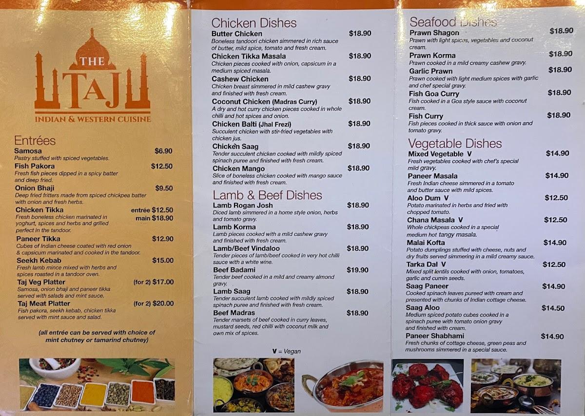 Menu at The Taj Restaurant Indian & Western Cuisine, Pinjarra