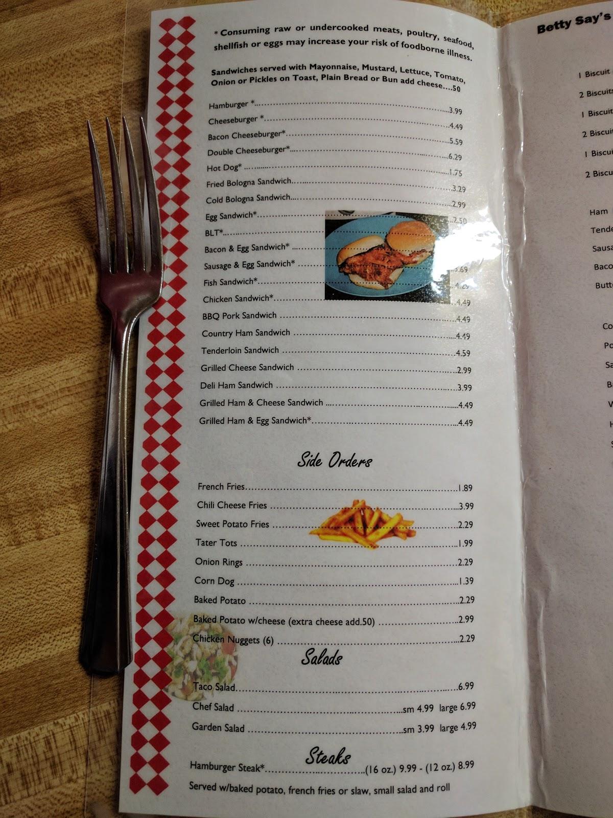 Menu at Betty's Stockyard Cafe, Kingsport