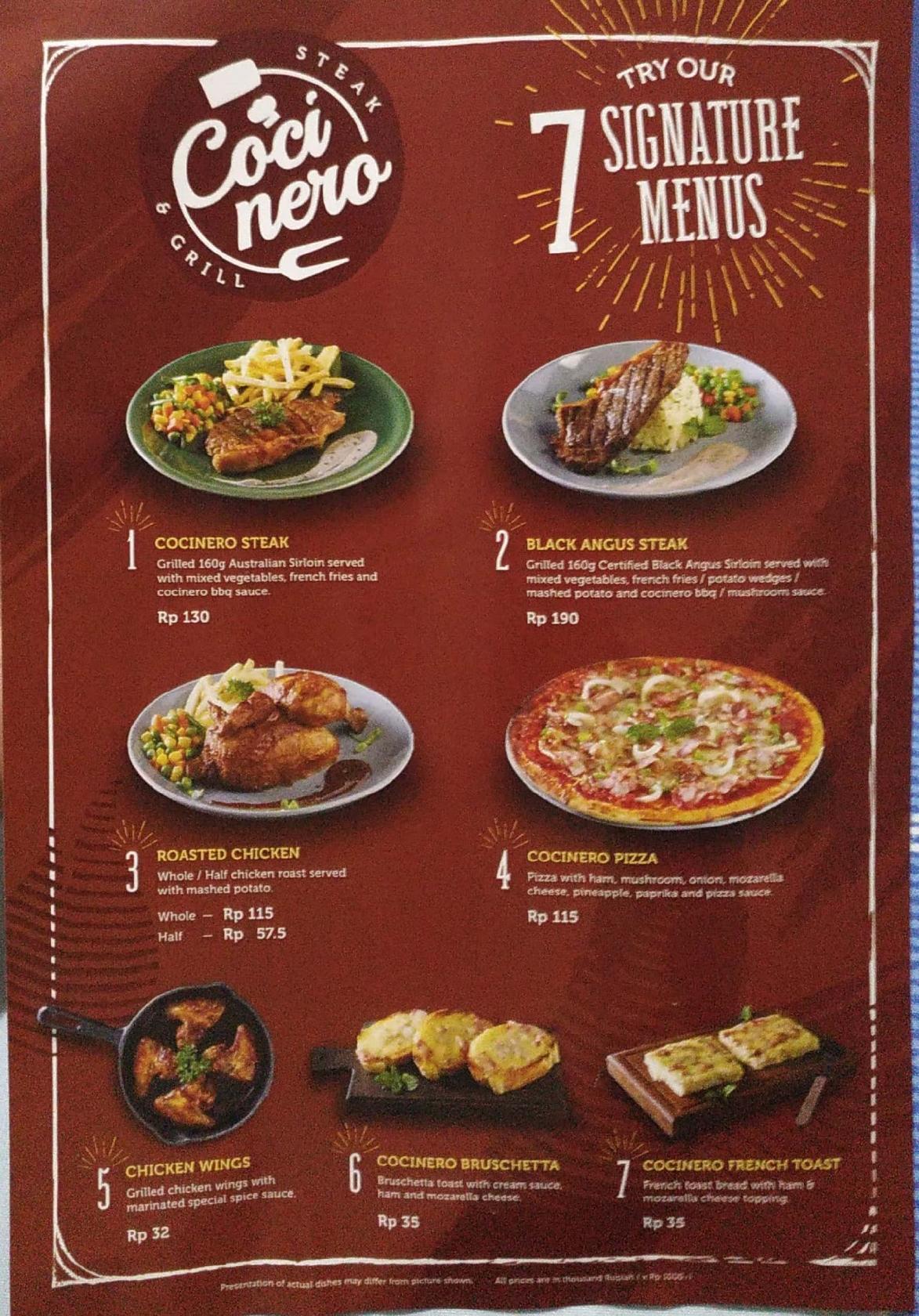 Menu at Cocinero Grill steakhouse, Surabaya