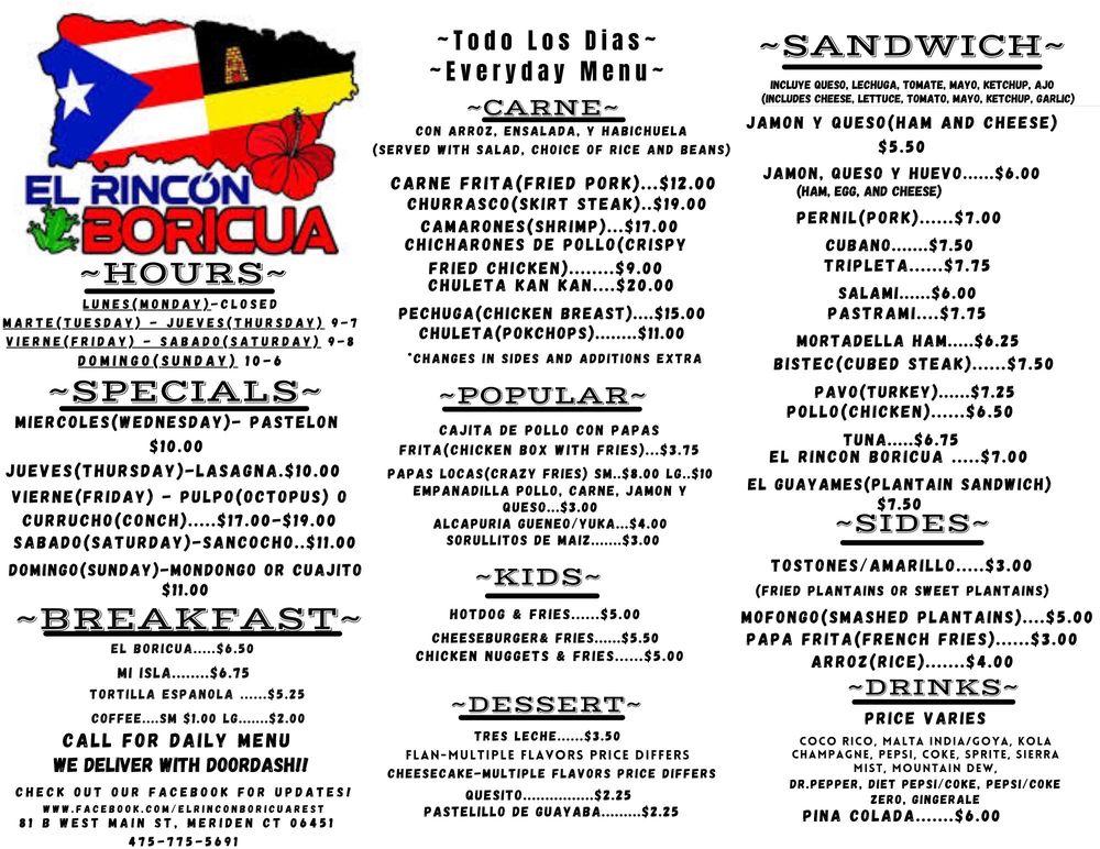 Menu at El Rincón Latino Restaurant, Meriden