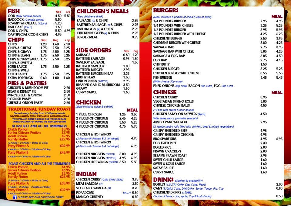Menu at Express Takeaway restaurant, Bridgwater