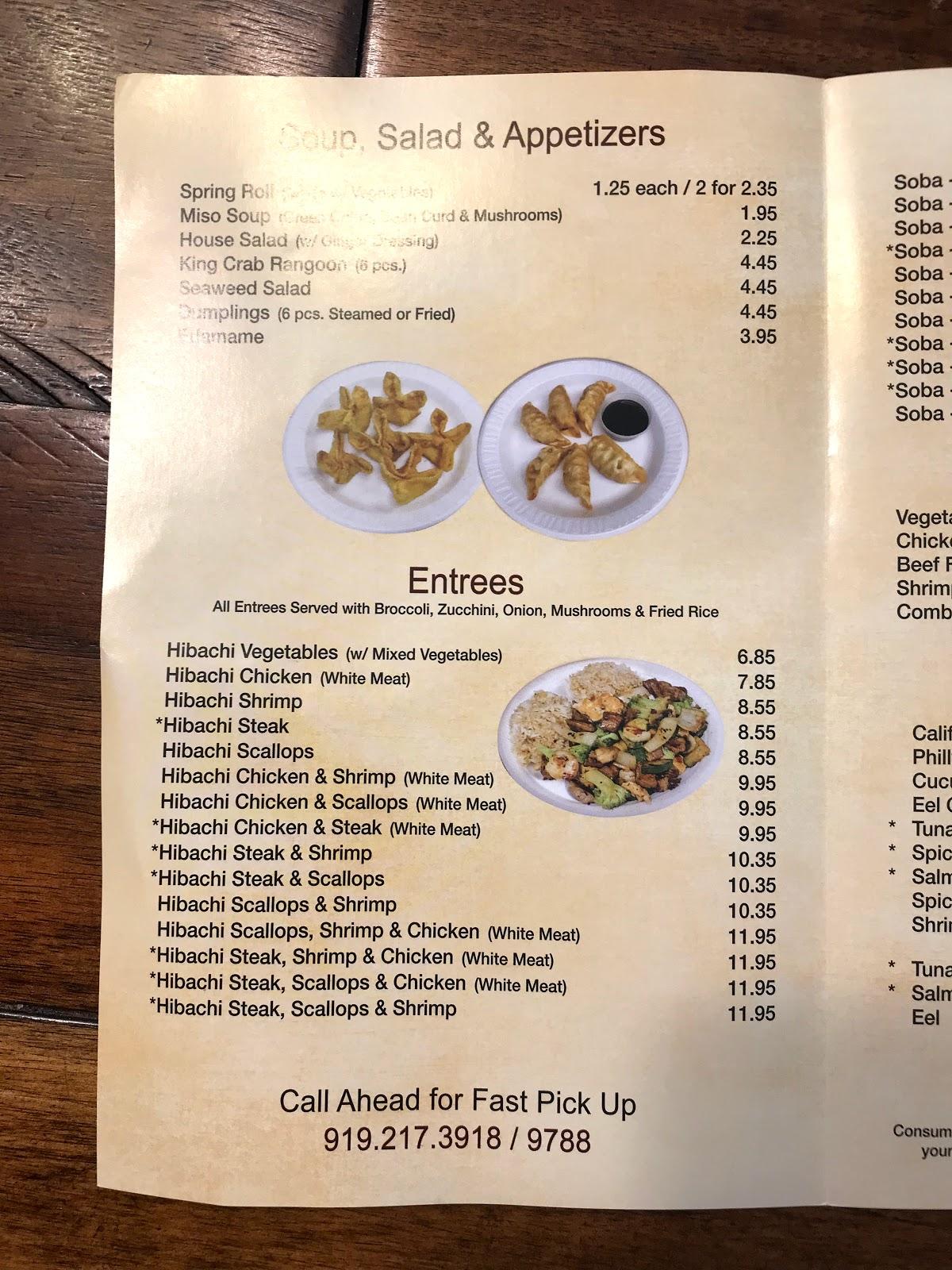 Menu at Kiko Japan Express restaurant, Knightdale