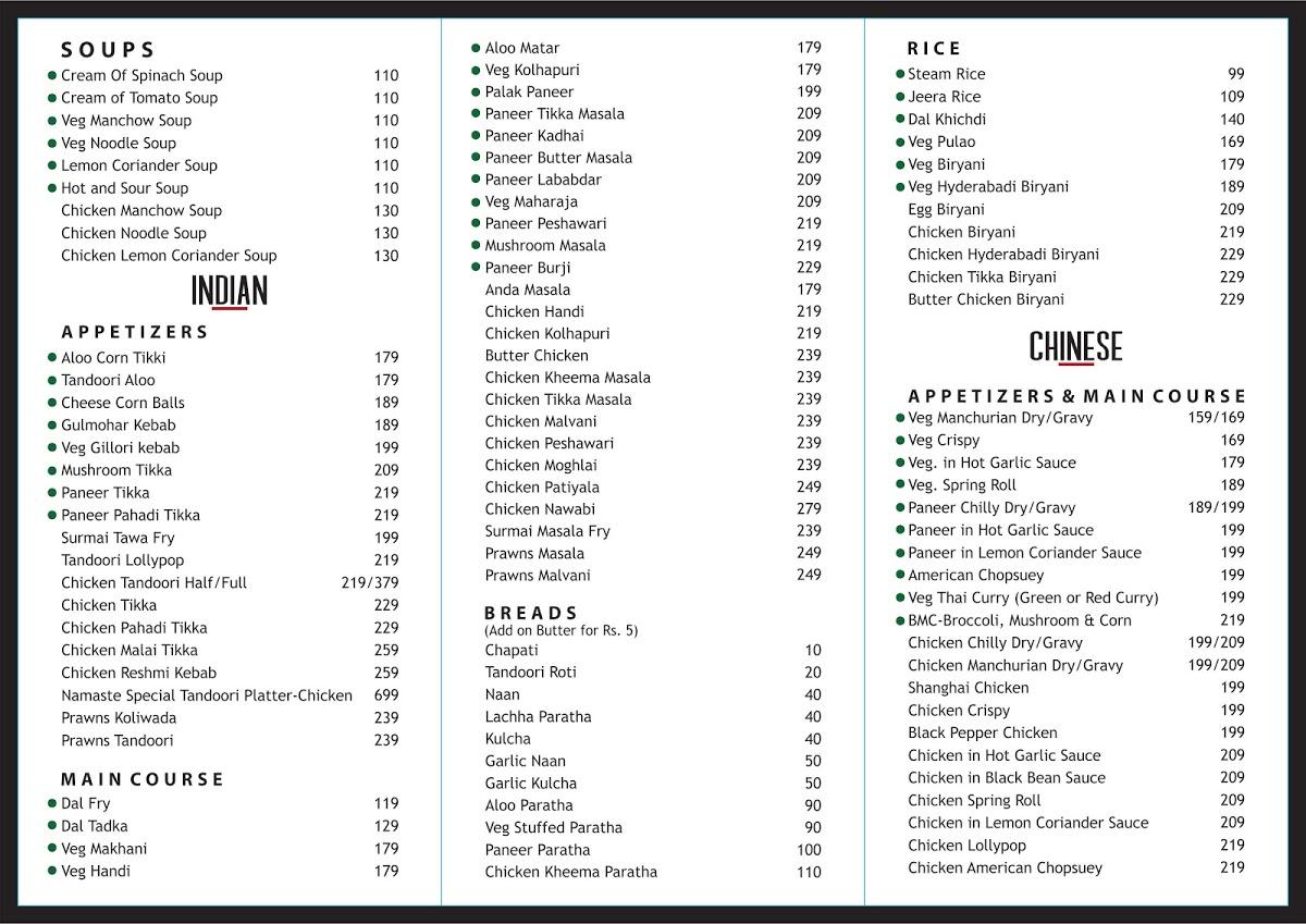 Menu at Namaste, Mumbai, Lal Bahadur Shastri Marg