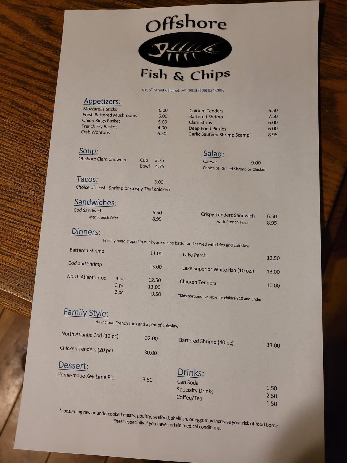 Menu at Offshore Fish & Chips restaurant, Calumet Township