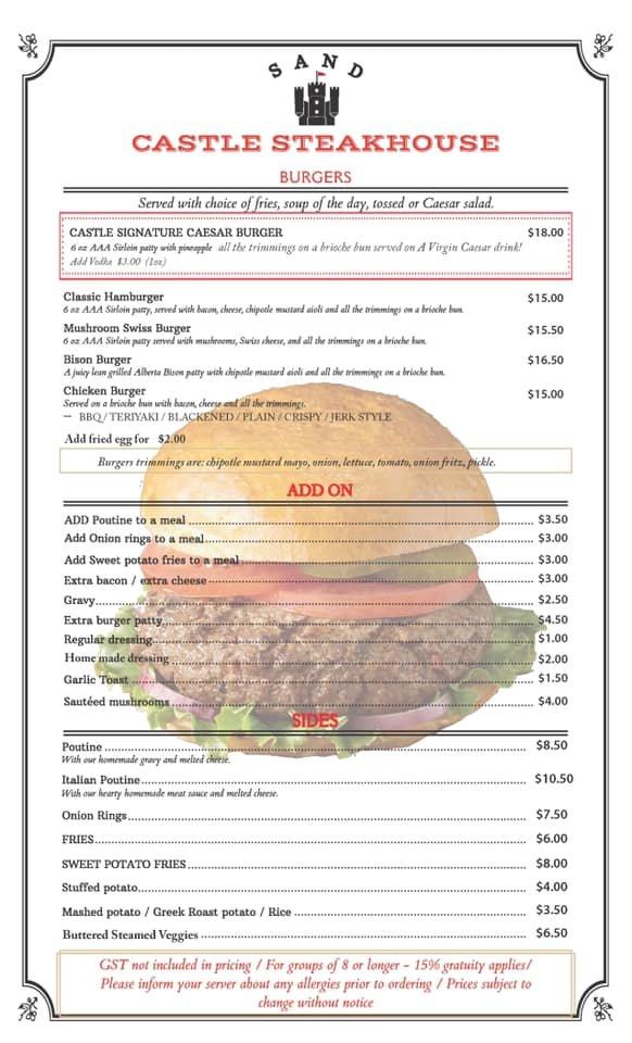 Menu at Sand Castle Steakhouse, Sylvan Lake