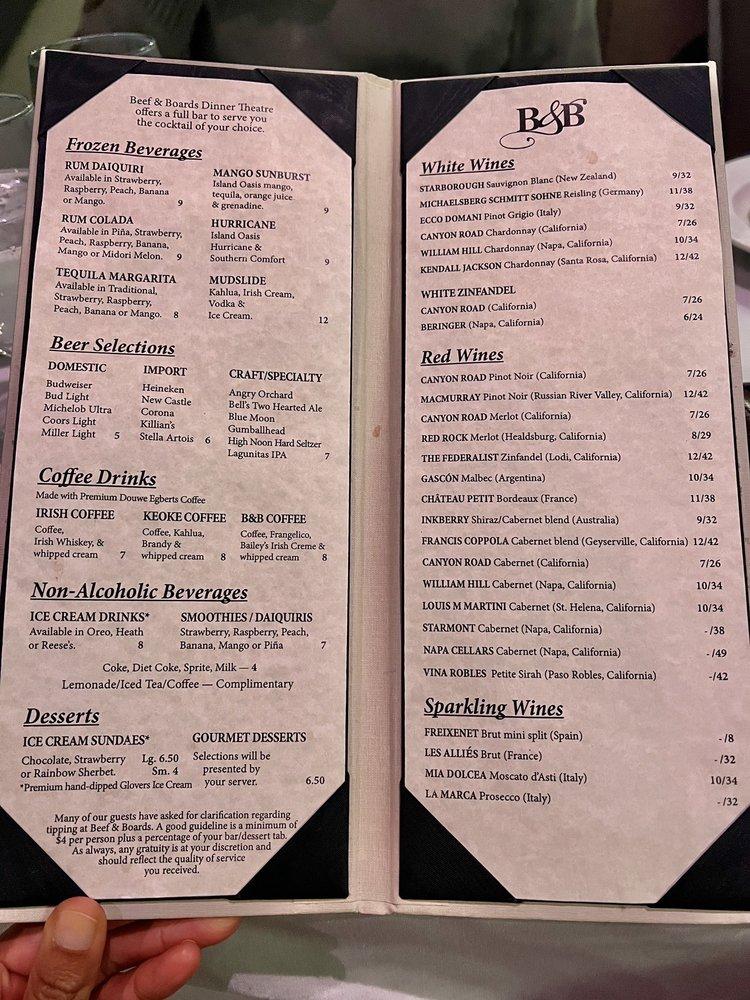 Menu at Beef & Boards Dinner Theatre steakhouse, Indianapolis