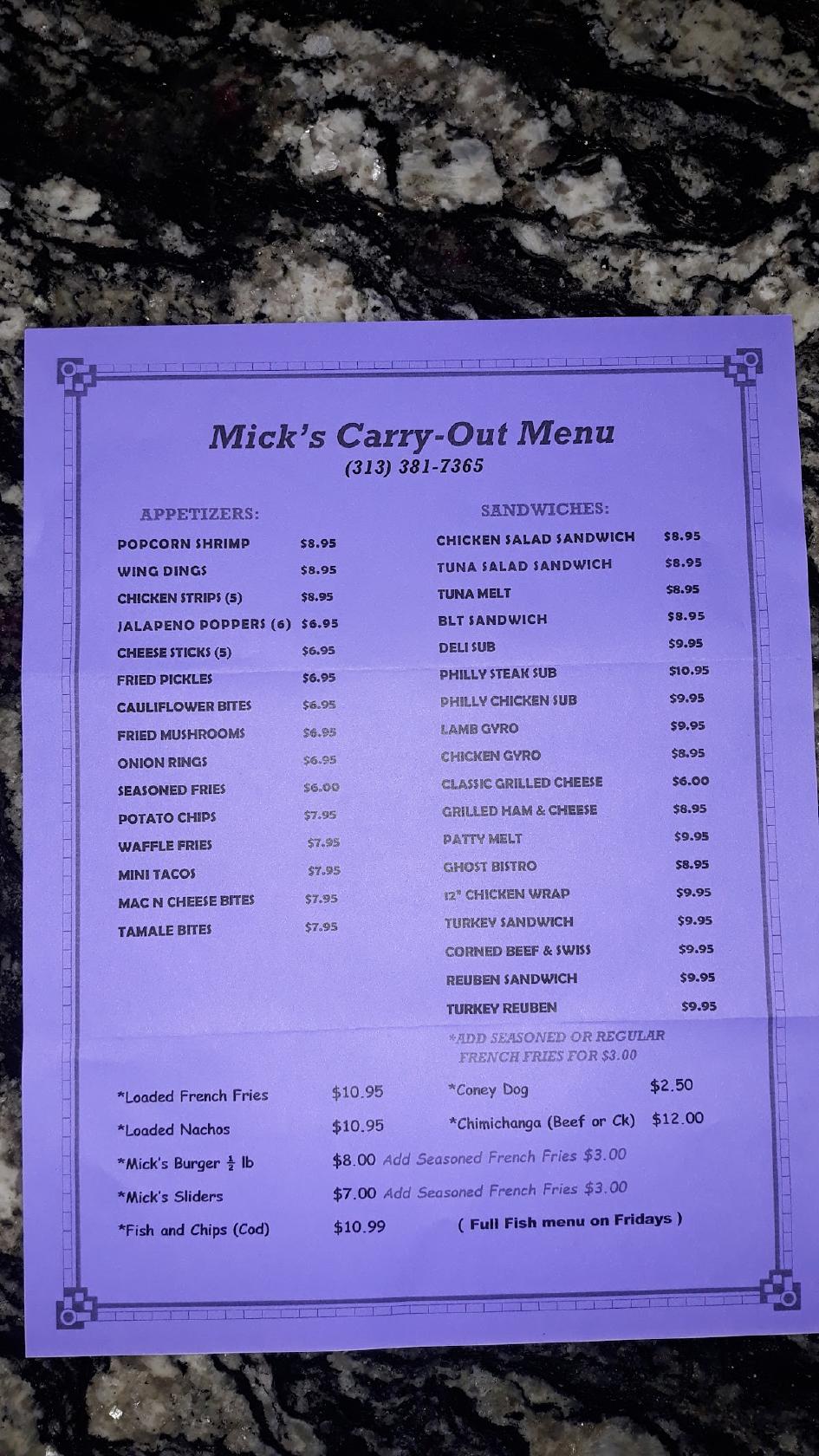 Menu at Mick's On Roosevelt pub & bar, Allen Park