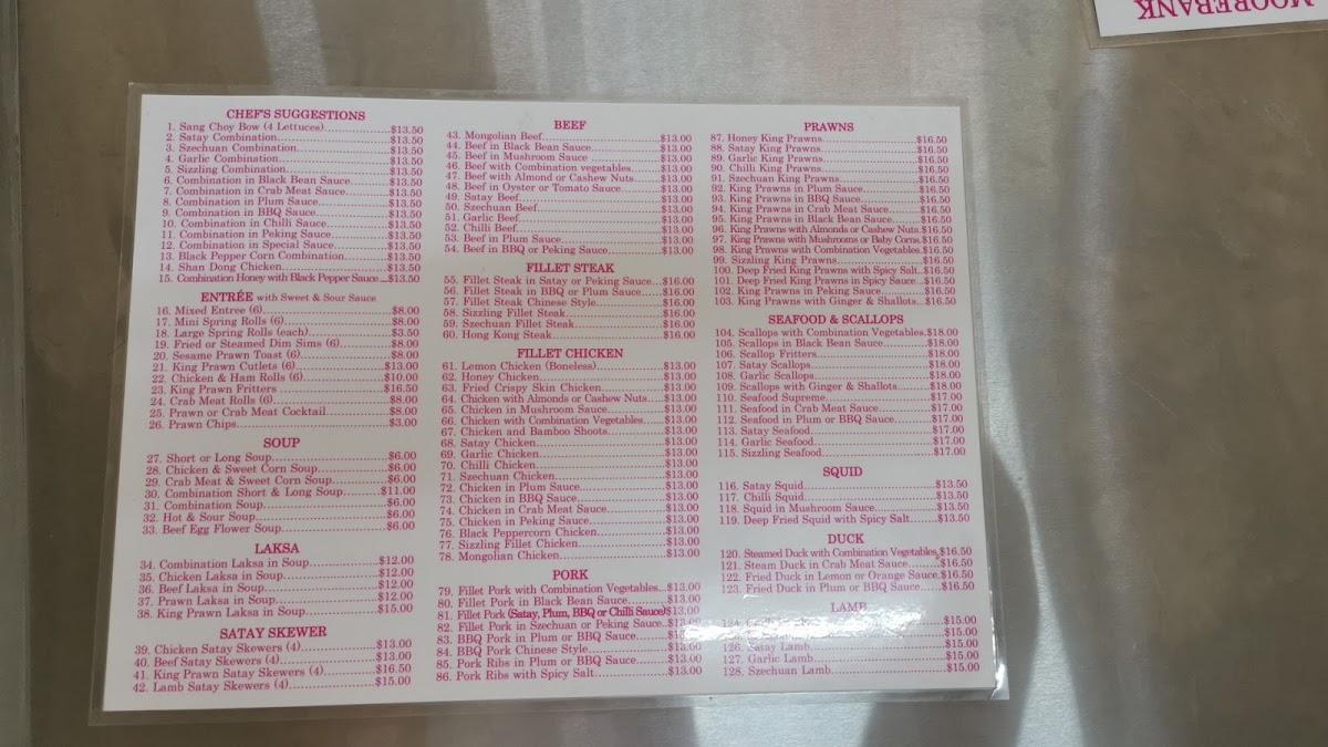 Menu at Moorebank Chinese Take Away Food restaurant, Moorebank