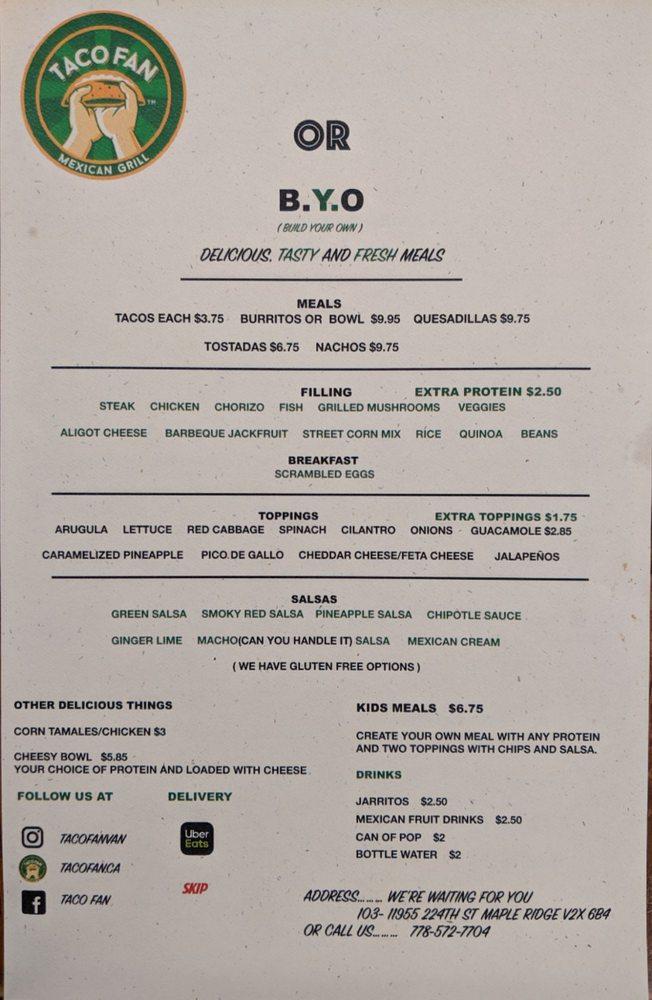 Menu at Taco Fan restaurant, Maple Ridge