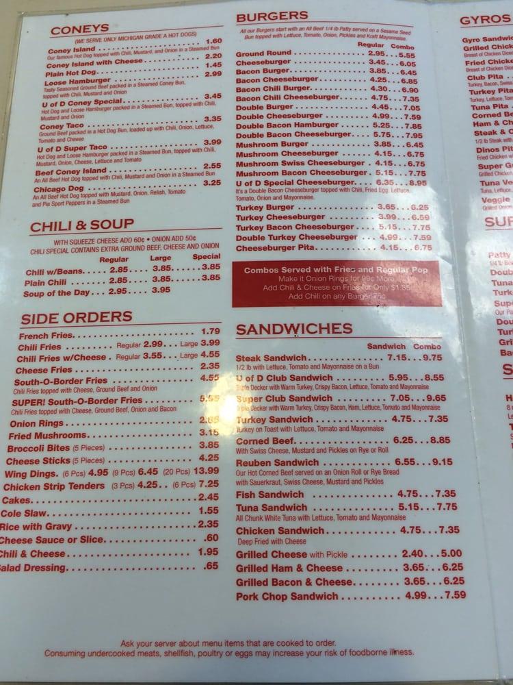 Menu at U of D Coney Island restaurant, Detroit