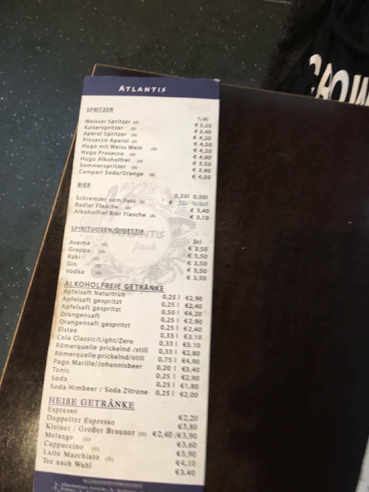 Menu at ATLANTIS Fisch Restaurant, Vienna, Kutschkermarkt Stand ...