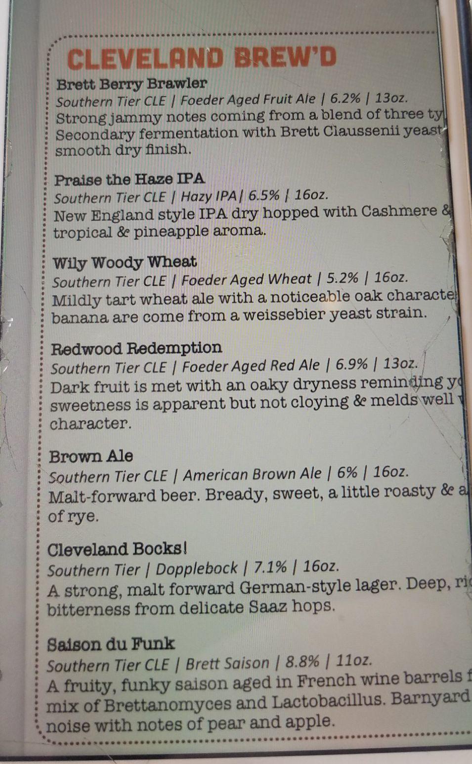 Menu at Southern Tier Brewery Cleveland restaurant, Cleveland