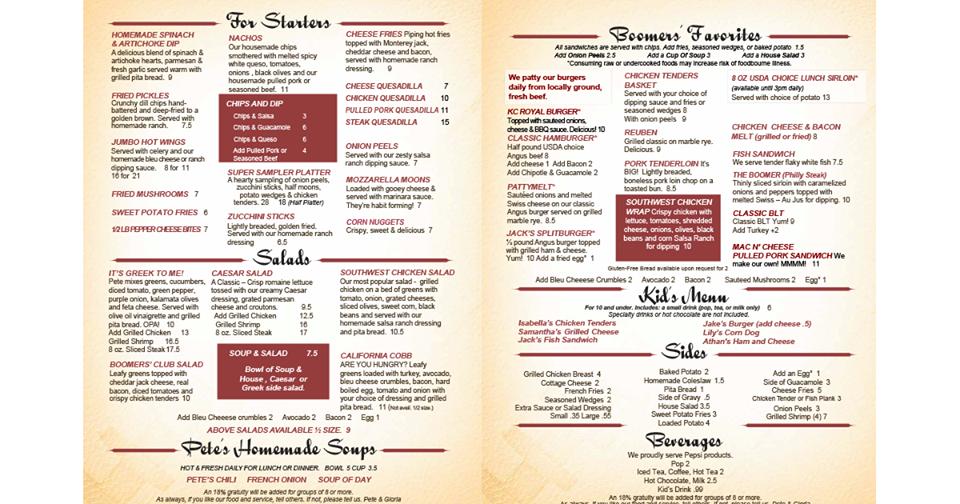 Menu at Boomers Grill pub & bar, Holton