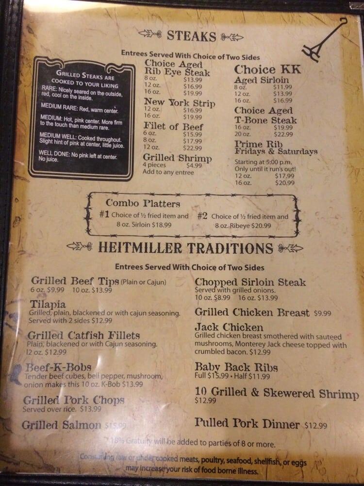 Menu at Heitmiller Steakhouse, Lacy Lakeview, Interstate Highway 35 North
