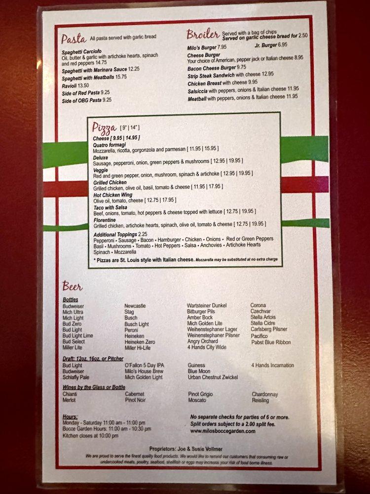 Menu at Milo's Tavern pub & bar, St. Louis