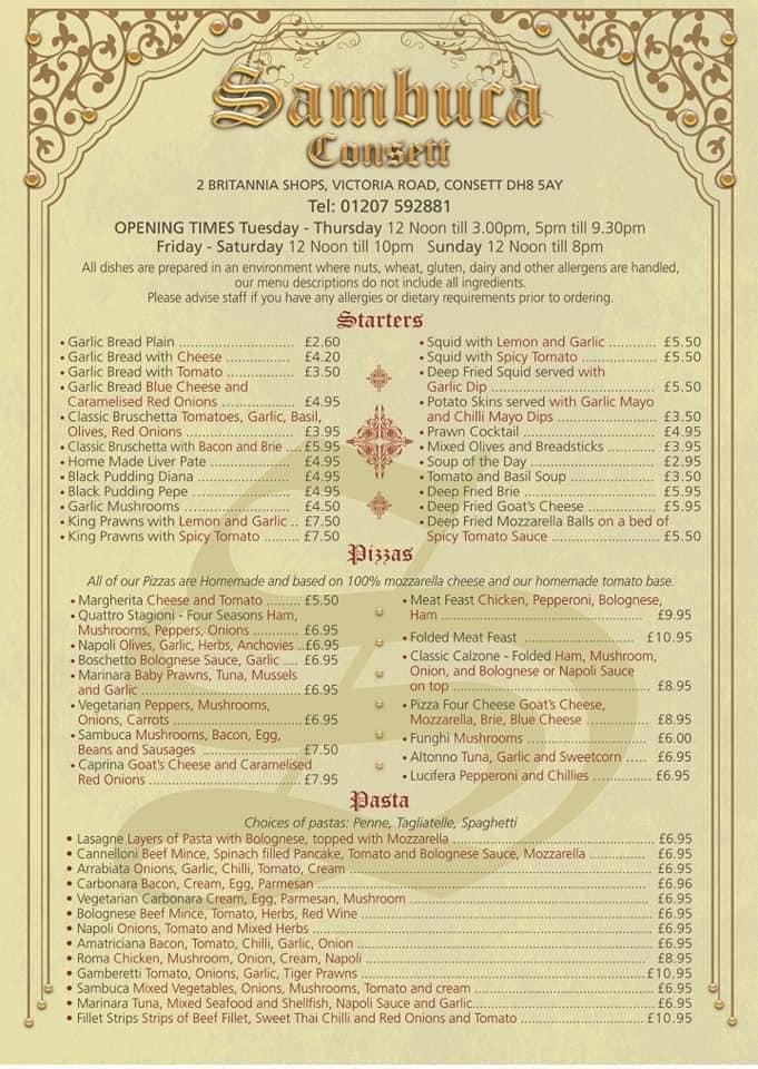 Menu at Sambuca Consett restaurant, Consett